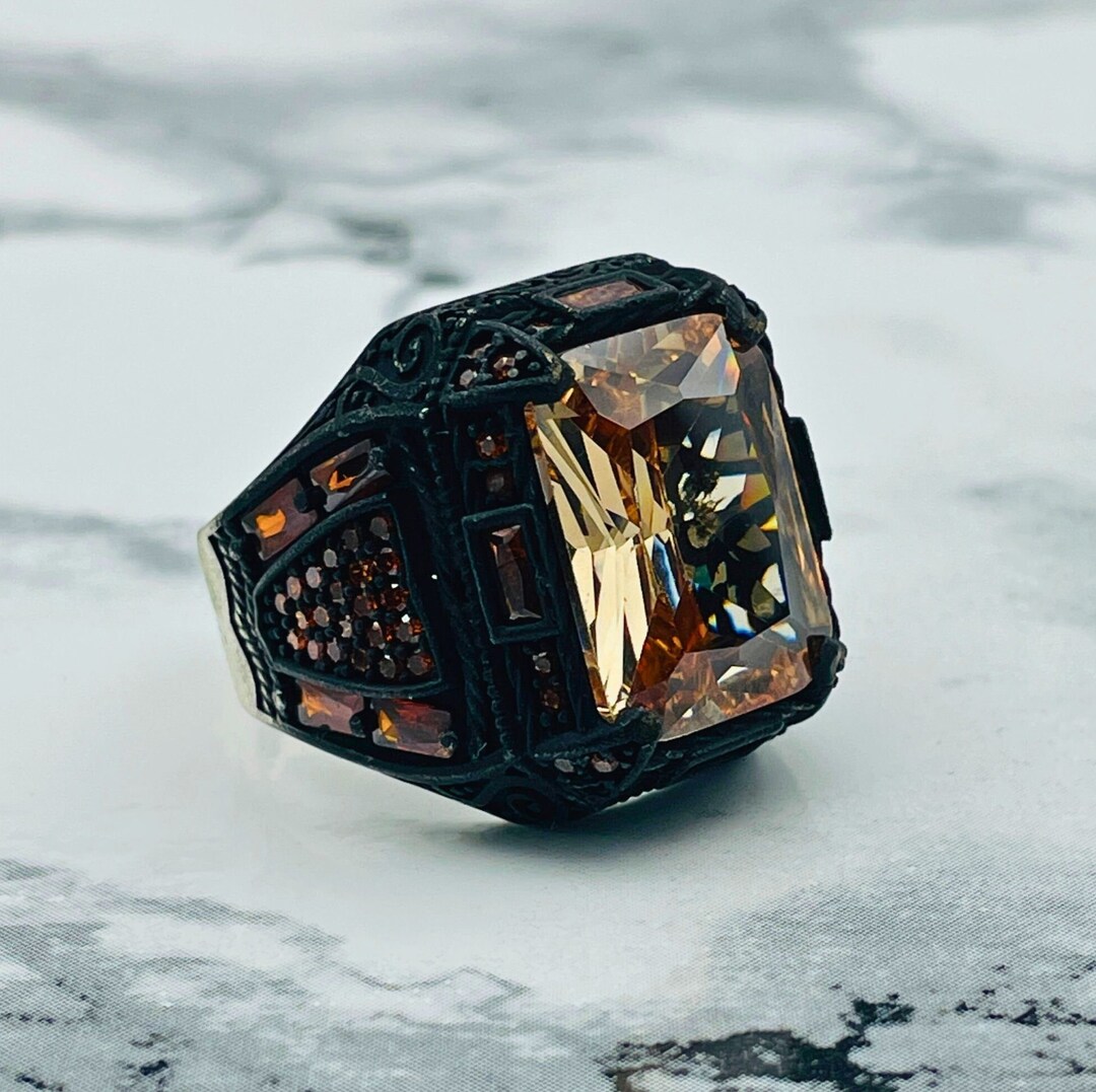 925 Sterling Silver Square Stone Men's Ring, Citrine Stone, Modern ...