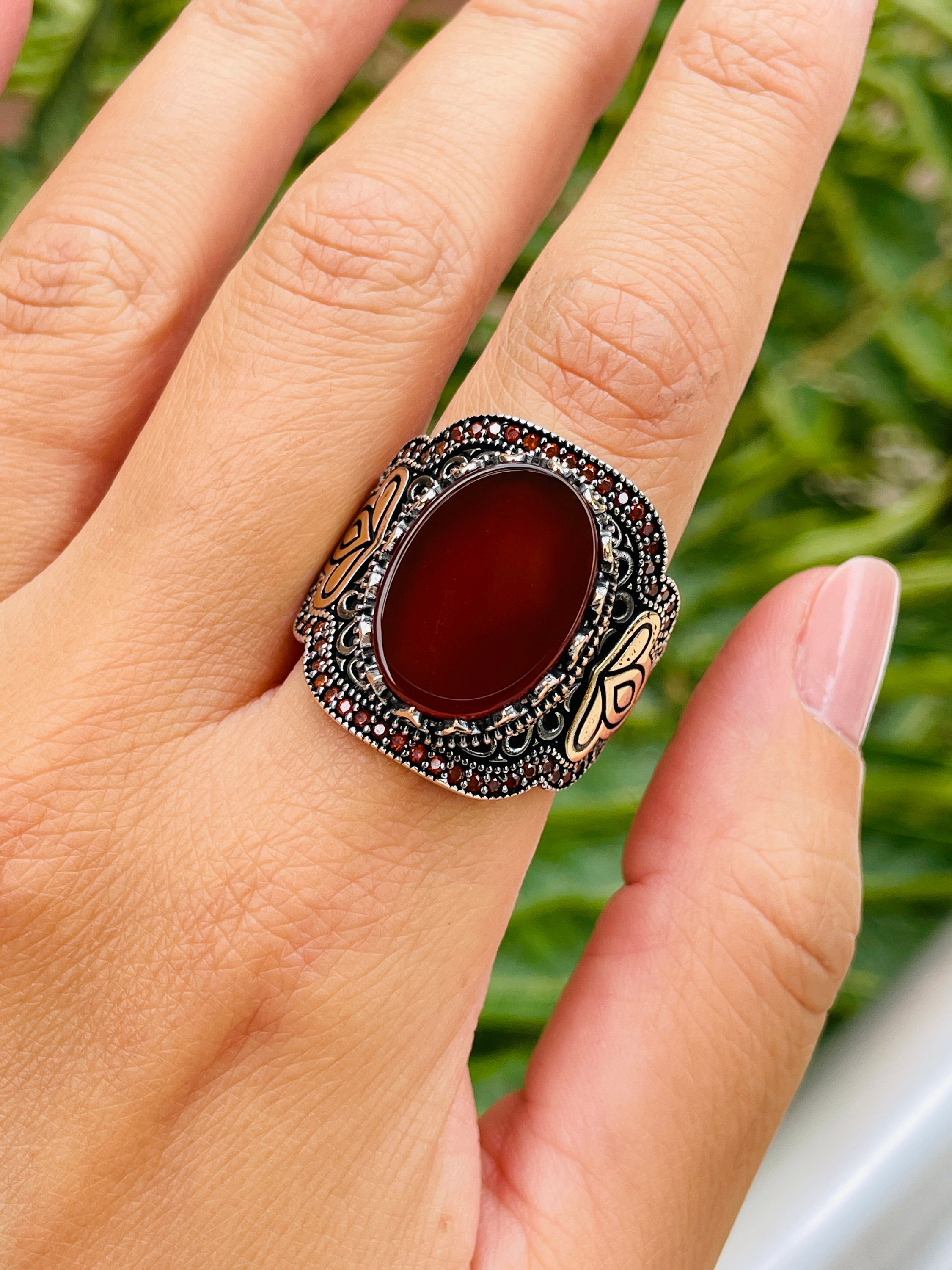 925 Sterling Flat Cut Brown Agate Stone Men's Ring, Agate Stone Ring ...