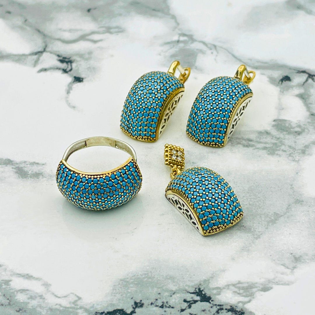 Turquoise Jewelry Set, 925 Sterling Silver Ottoman Style Women's ...