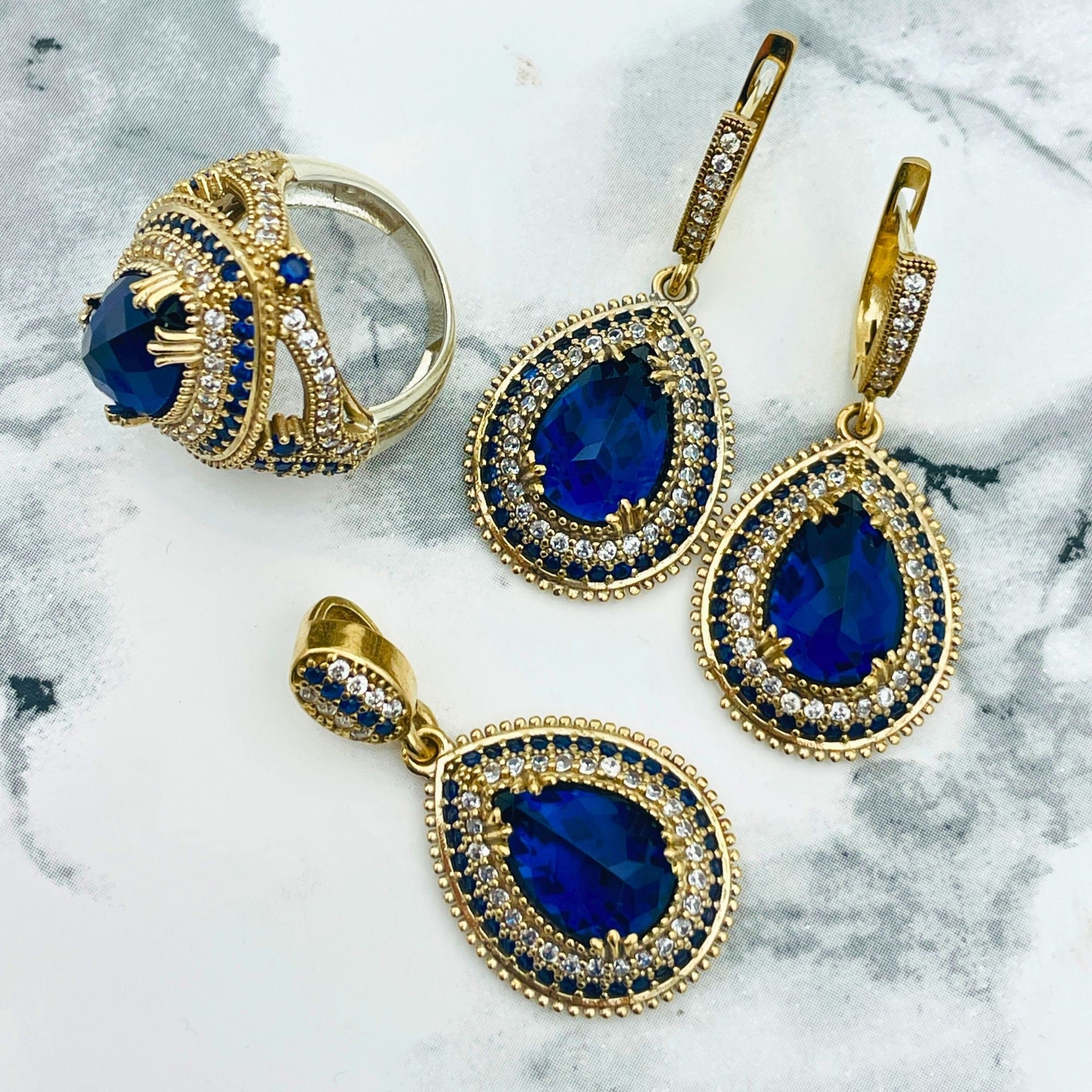 Sapphire Jewelry Set: Sterling Silver Ottoman Necklace, Ring & Earrings ...