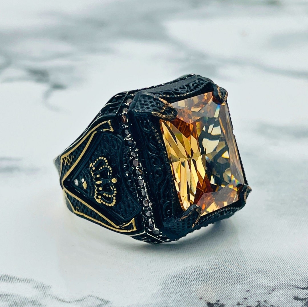 925 Sterling Silver Square Stone Crown Detail Men's Ring - Etsy