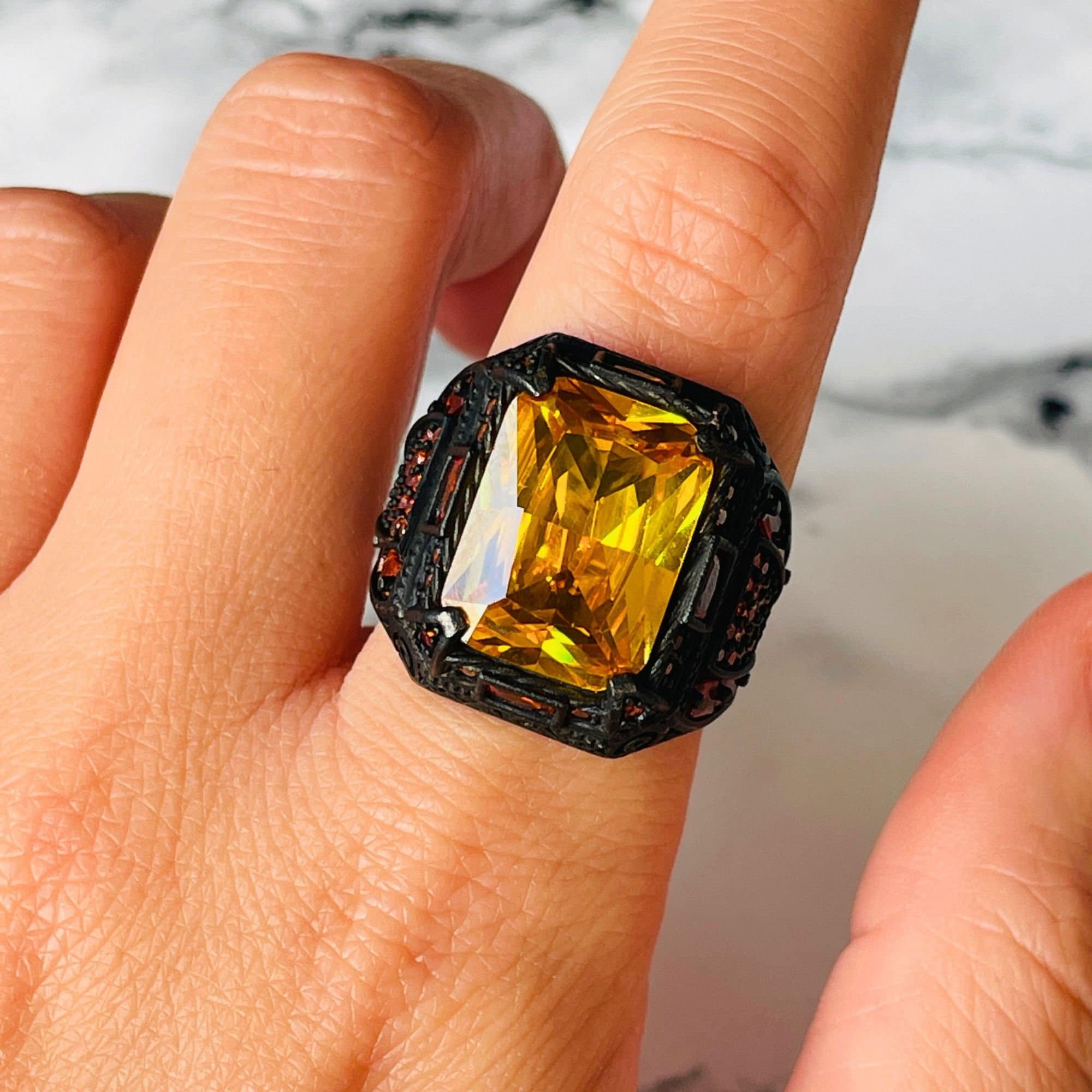 925 Sterling Silver Square Stone Men's Ring, Yellow Citrine Stone ...