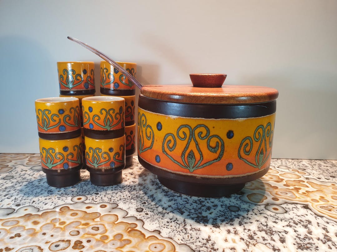 Ceramic Punch Set, Brutalist Mid-century Punch Bowl and Cups by Dümler ...