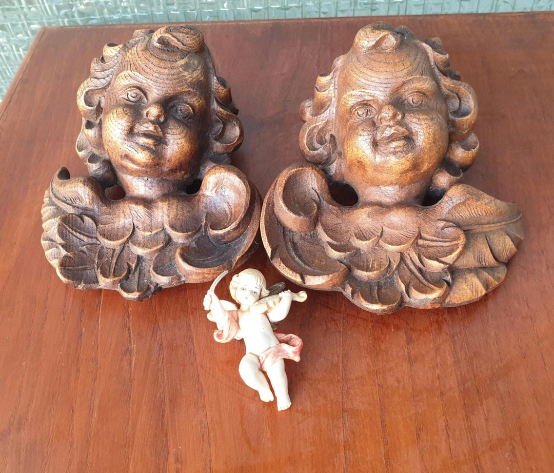 Two Wooden Angels Putto Putto Wall Angel Wall Bust Angel Head 1 Small ...