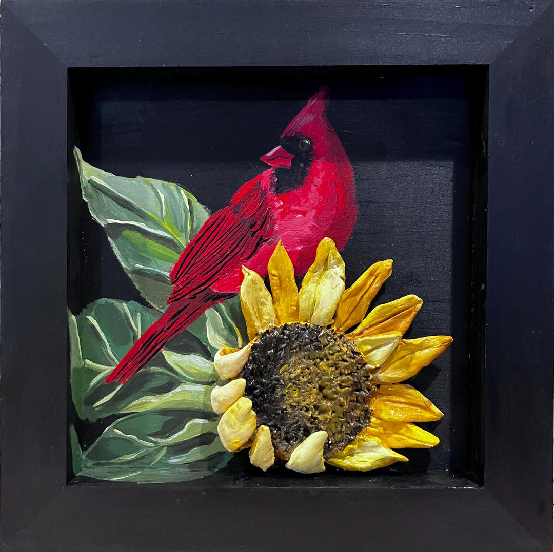 Bird Art, Cardinal, 3D Sunflower, Clay Flower, Nature-inspired Decor ...