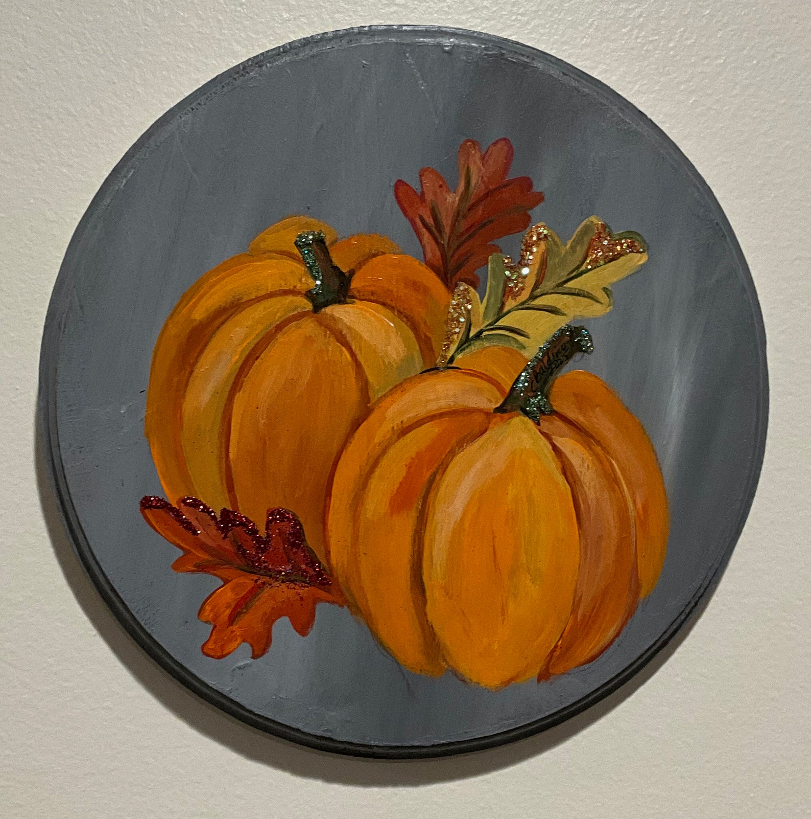 Harvest Pumpkin Wood Circle Decor Painting: Glitter Fall Leaves (8 ...