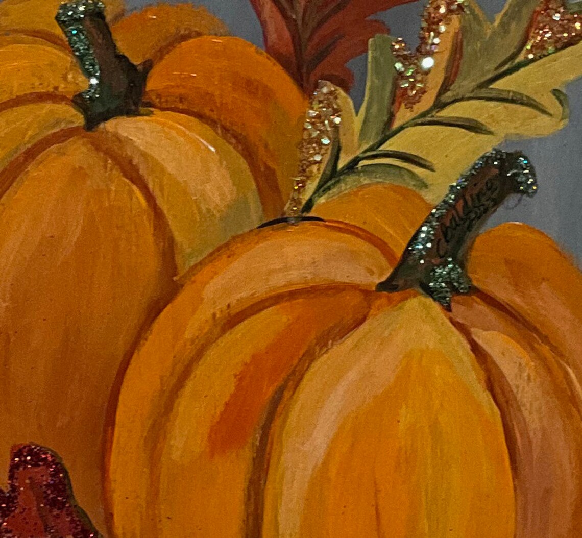Harvest Pumpkin Wood Circle Decor Painting: Glitter Fall Leaves (8 ...