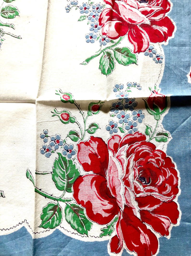 Vintage Handkerchief Red Flowers With Country Blue Background - Etsy