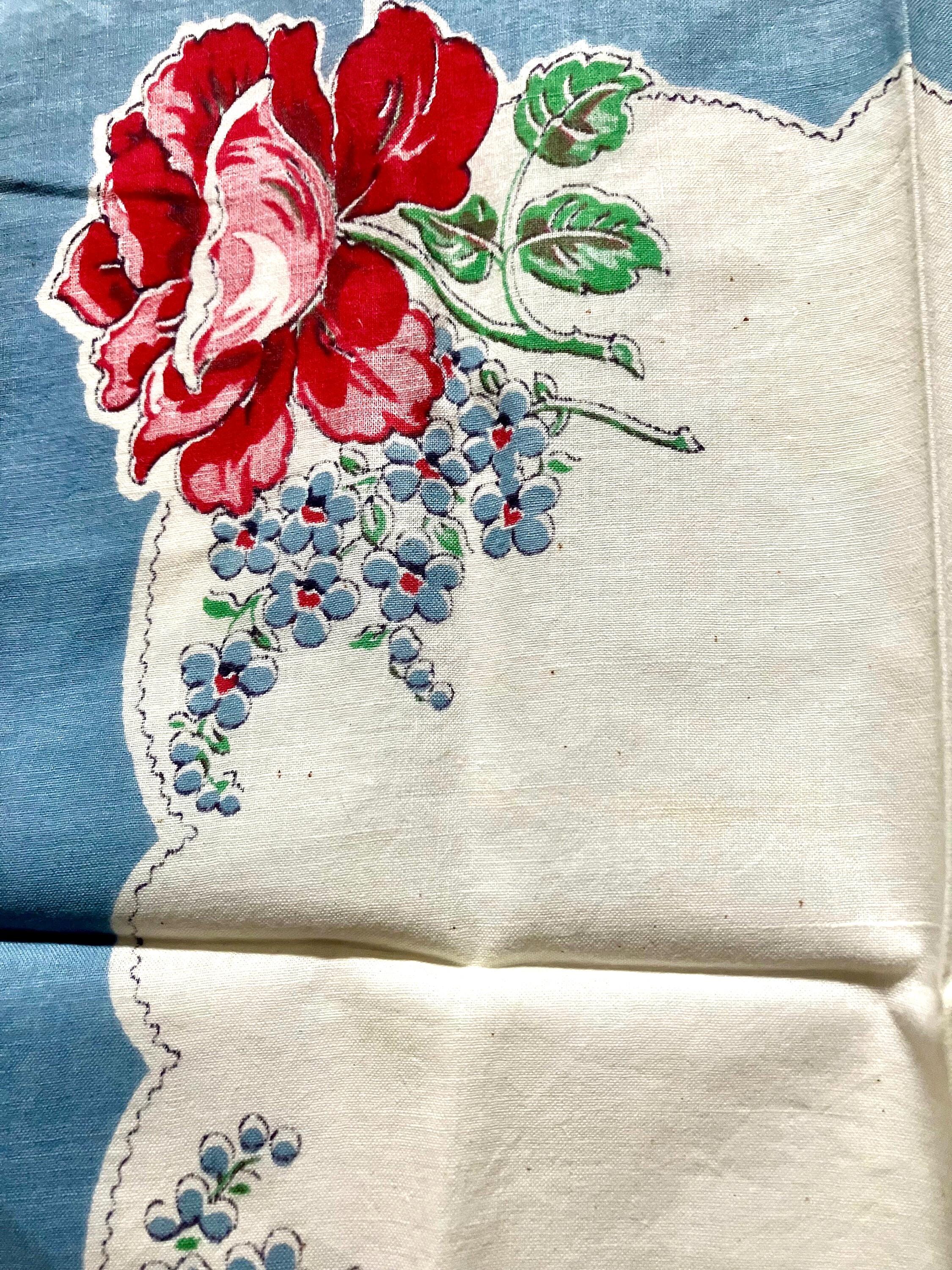 Vintage Handkerchief Red Flowers With Country Blue Background - Etsy