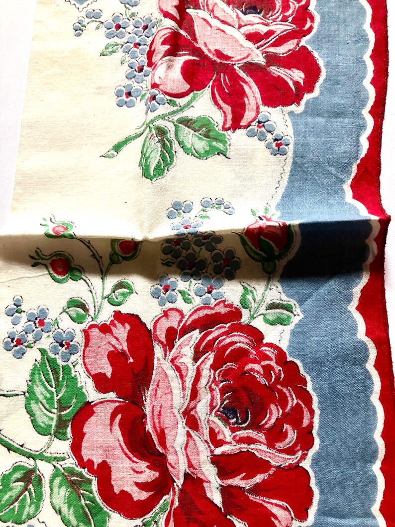 Vintage Handkerchief Red Flowers With Country Blue Background - Etsy