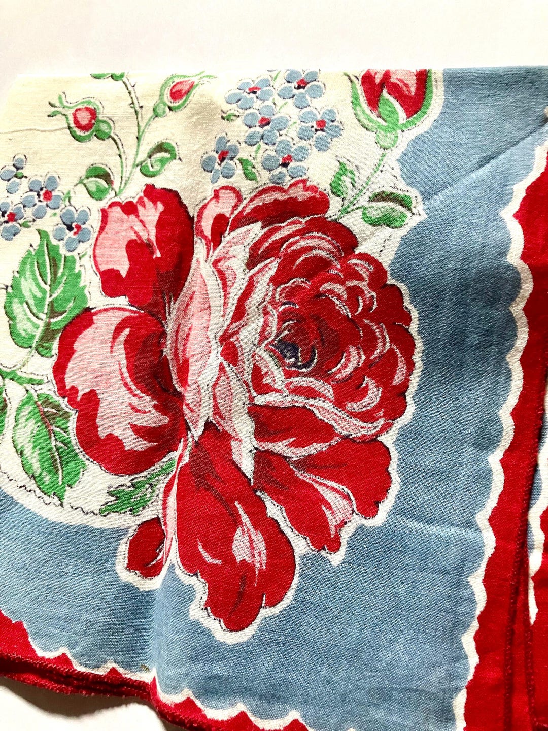 Vintage Handkerchief Red Flowers With Country Blue Background - Etsy