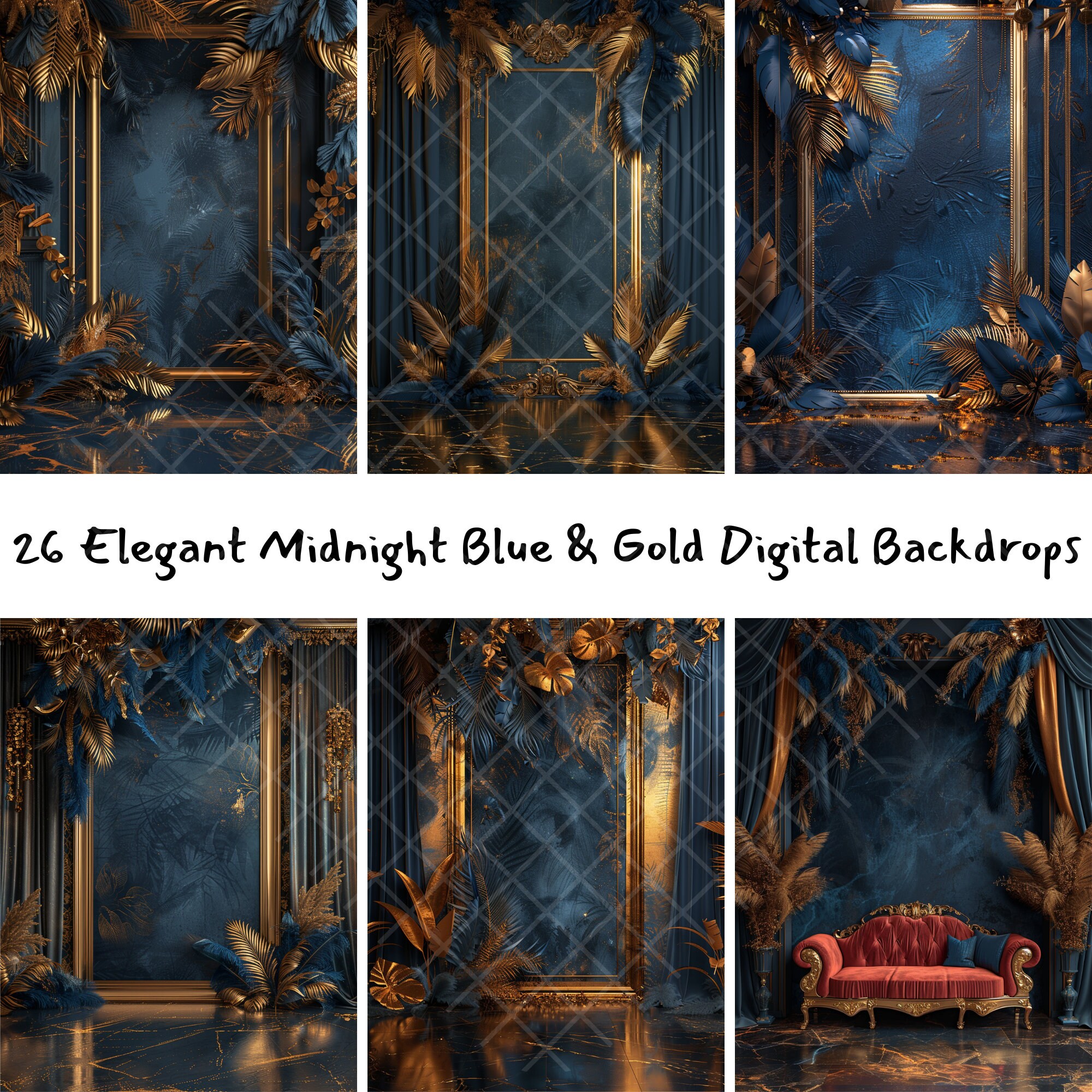 Midnight Blue & Gold Floral Canvas Digital Backdrops, Maternity ...