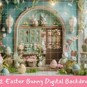 12 Easter Eggs Bunny Digital Backdrops, Shop Front Photo Props, Spring Digital Background ...