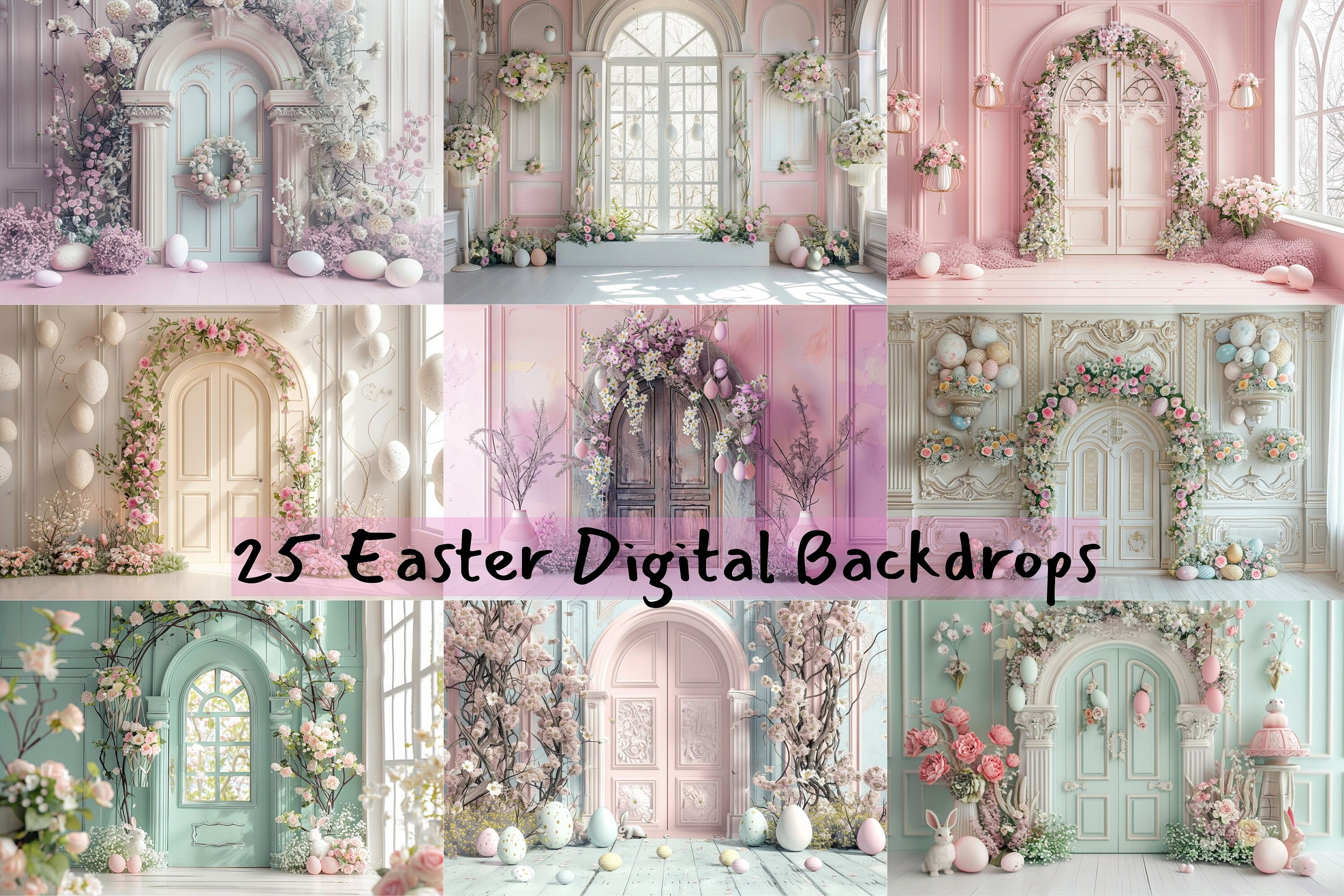 25 Minimal Easter Digital Backdrops, Floral Door Spring Digital ...