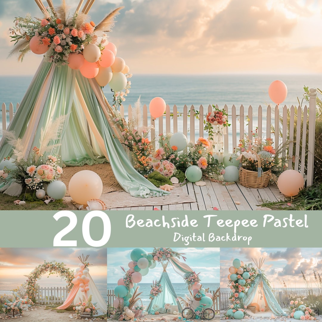 Beachside Teepee Pastel Digital Backdrop | Coastal Kids Photography Background | Summer Sunset ...