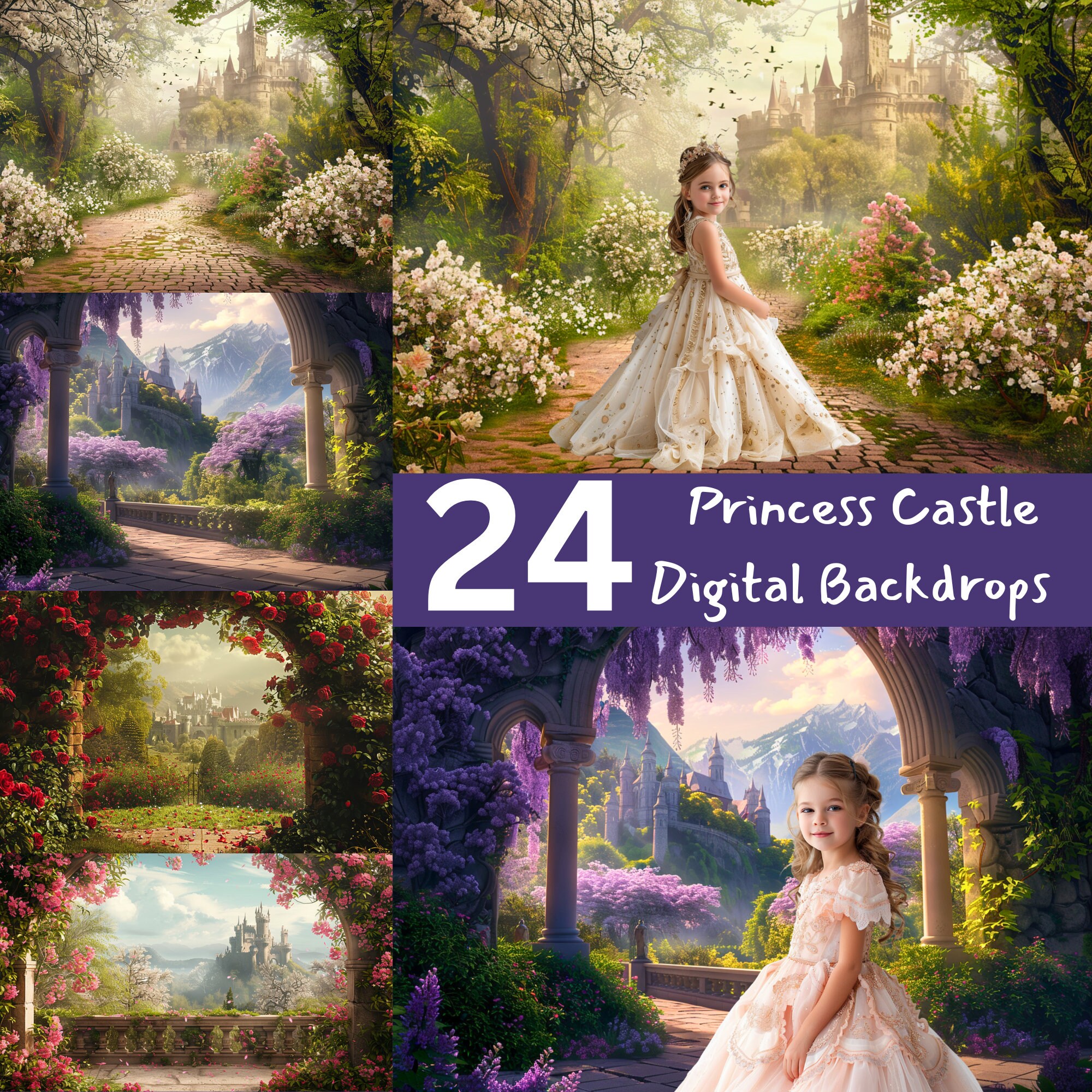 Garden Princess Castle Digital Backdrops, Spring Digital Background ...