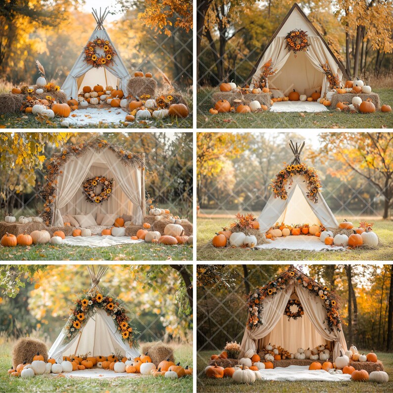 Autumn Teepee Digital Backdrop for Kids Photography, Ai-generated Pumpkin Patch Scene, Fall ...