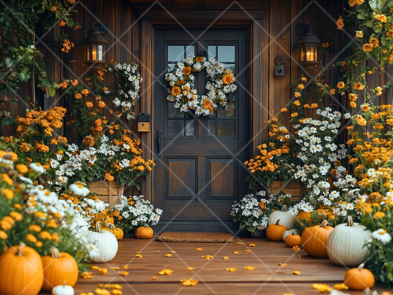 Fall Porch Digital Backdrop | Pumpkin, Flower, Front Door Scene ...