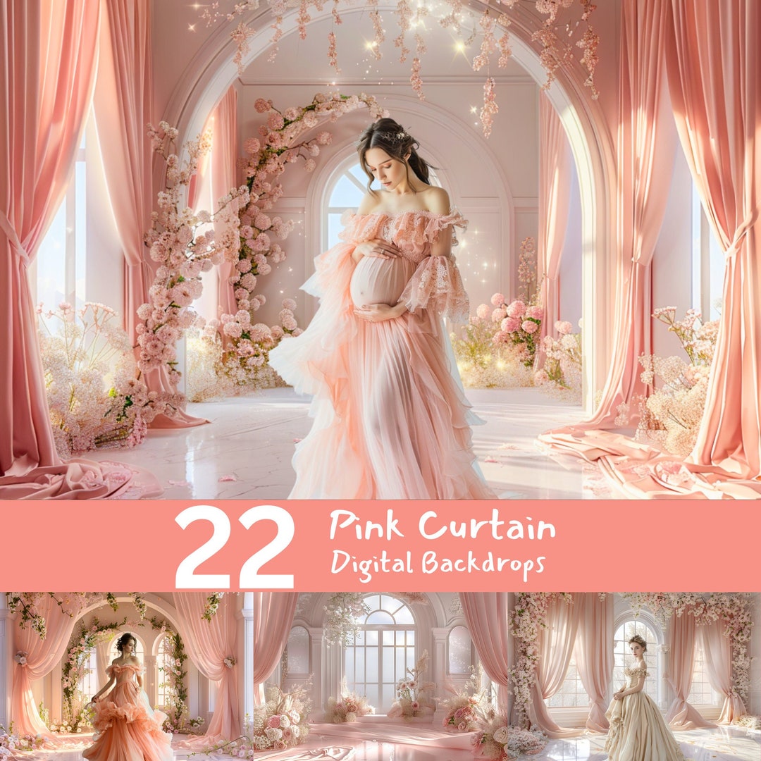 Pink Curtains Digital Backdrops, Maternity Digital Background, Floral ...