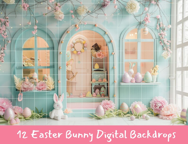 12 Easter Eggs Bunny Digital Backdrops, Shop Front Photo Props, Spring Digital Background ...