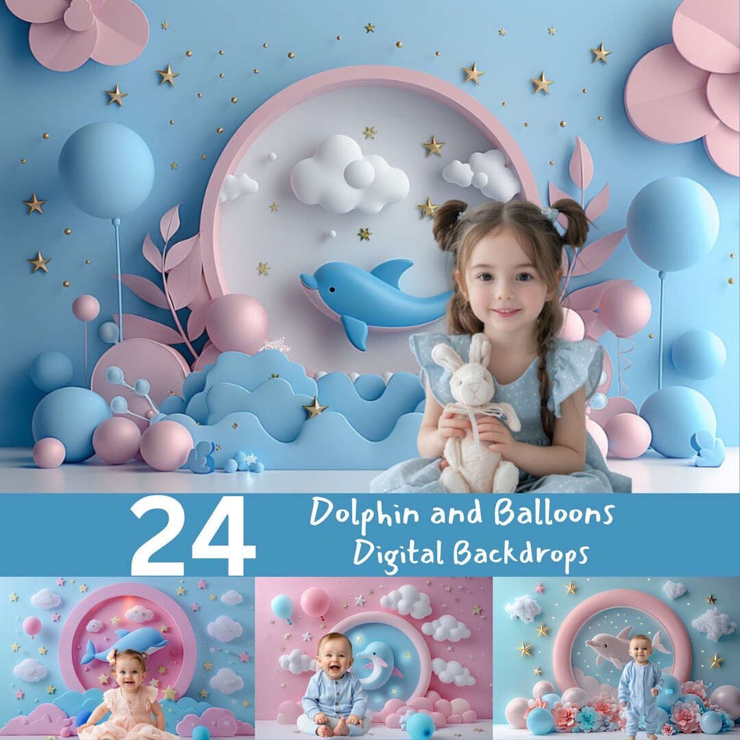 Cute Dolphin and Balloons Digital Backdrops | Perfect for Kids ...