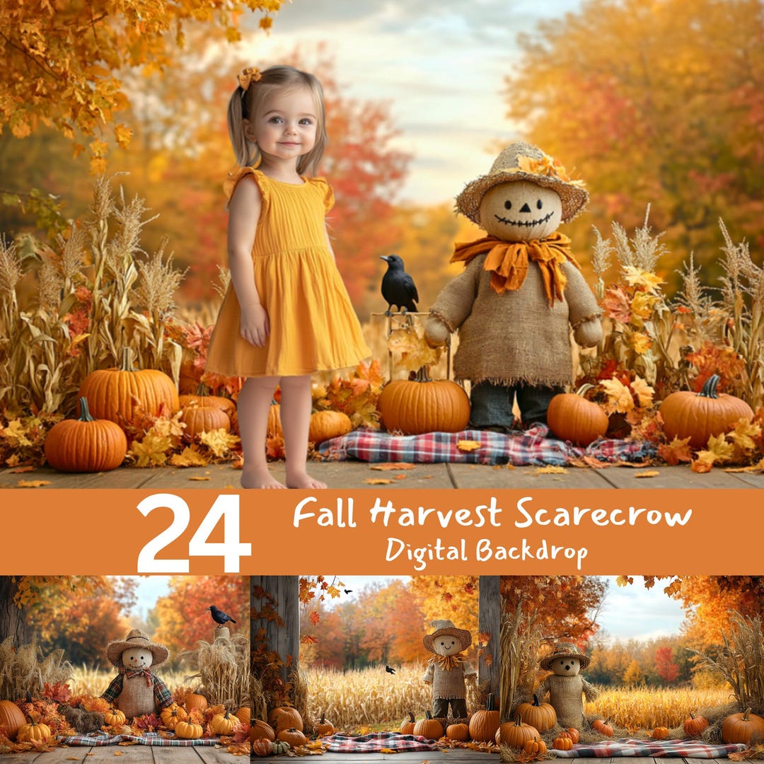 Fall Harvest Scarecrow Digital Backdrop for Kids Photography, Autumn ...