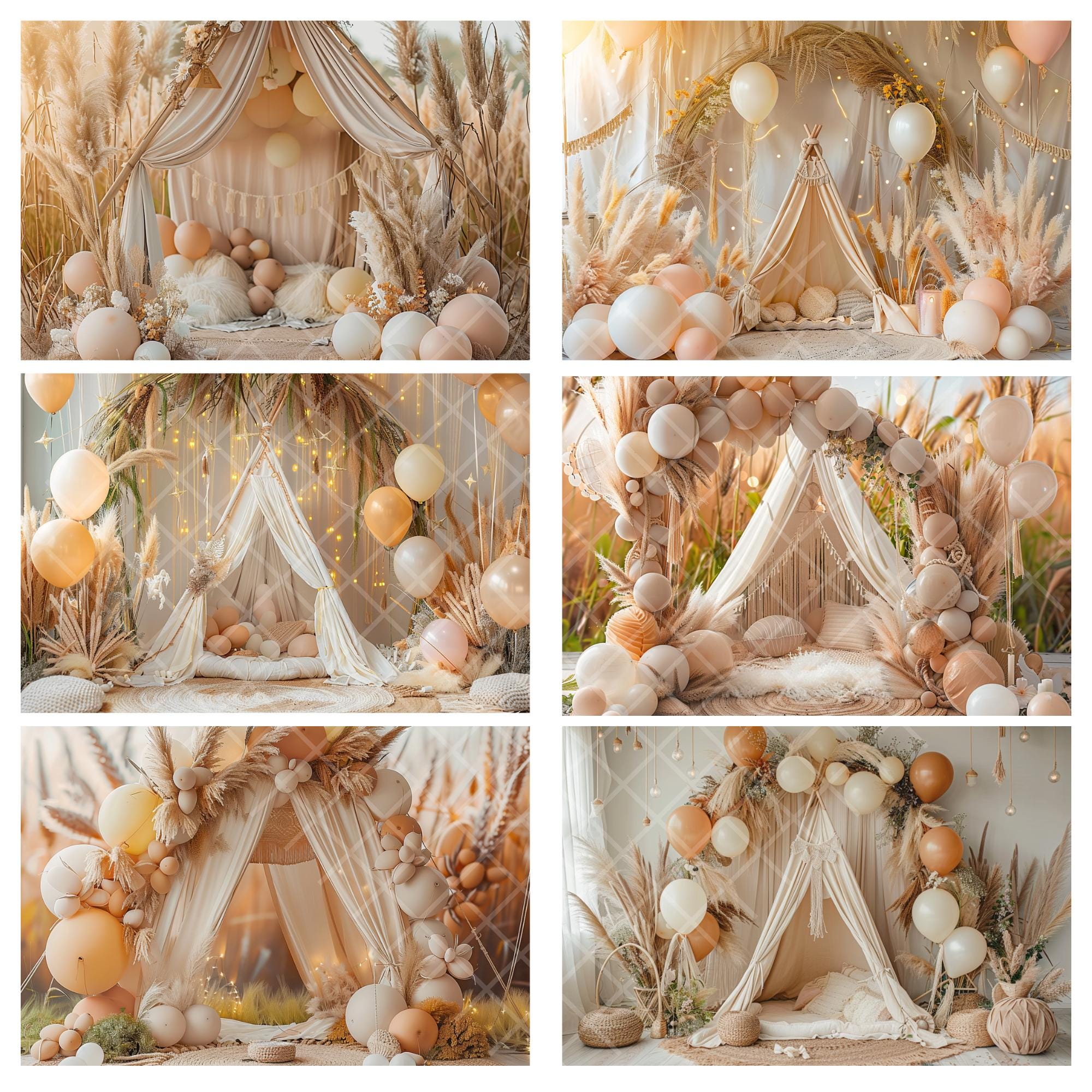 Boho Chic Balloons Digital Backdrop for Kids Photography, Elegant Floral Teepee Birthday ...