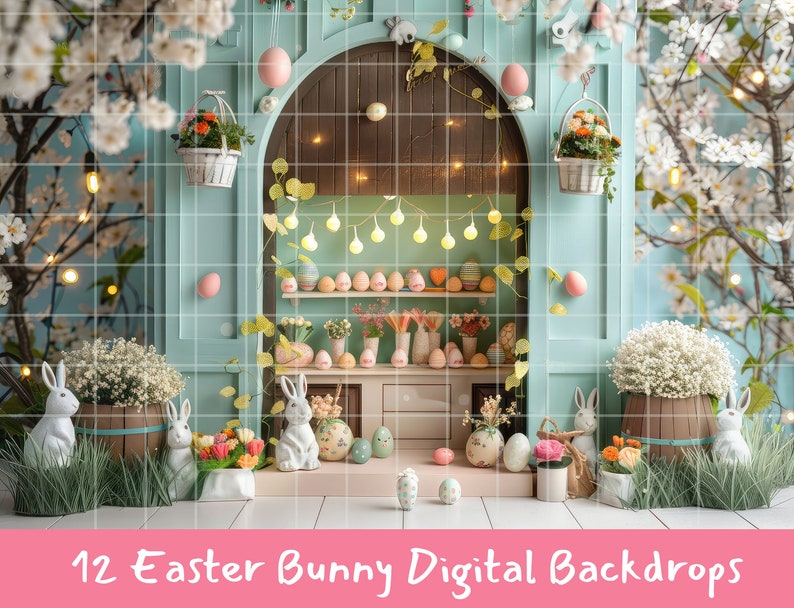 12 Easter Eggs Bunny Digital Backdrops, Shop Front Photo Props, Spring Digital Background ...
