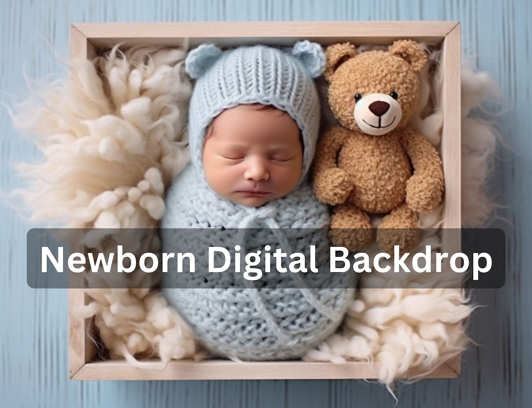 Newborn Digital Backdrop, Baby Wood Box, Blue Beige Background Newborn ...