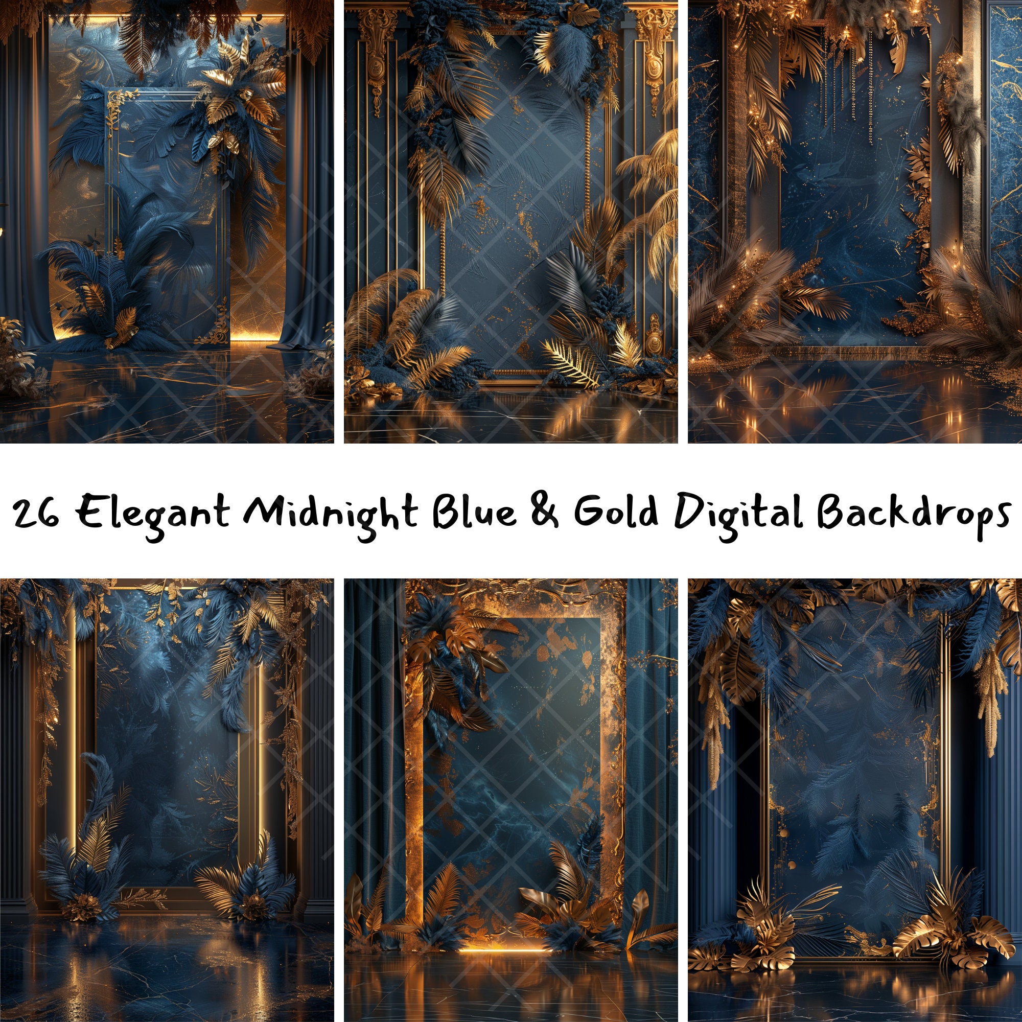 Midnight Blue & Gold Floral Photography Backdrops (digital Download) - Etsy