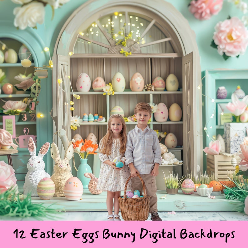 12 Easter Eggs Bunny Digital Backdrops, Shop Front Photo Props, Spring Digital Background ...