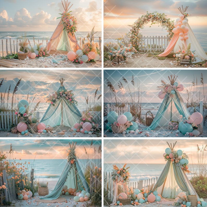 Beach Teepee Photography Backdrop | Coastal Summer Sunset (digital ...