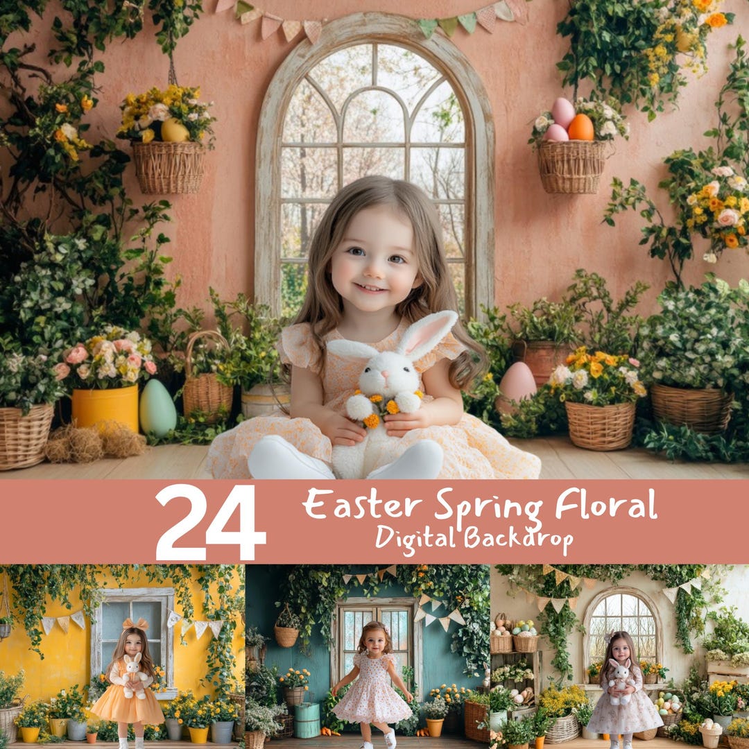 Easter Spring Floral Digital Backdrops for Kids Photography | Rustic Window Backgrounds | Ai ...