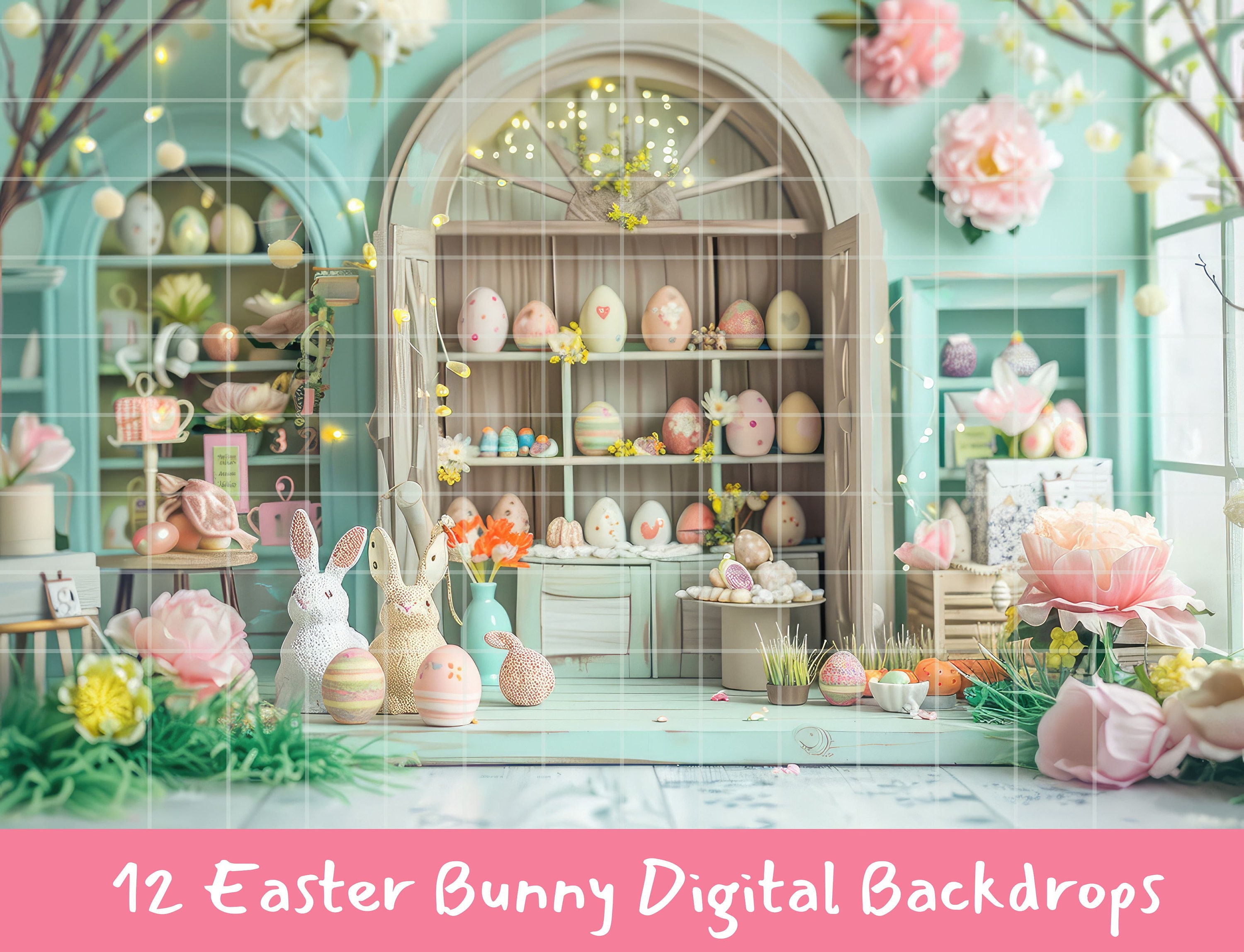 12 Easter Eggs Bunny Digital Backdrops, Shop Front Photo Props, Spring Digital Background ...