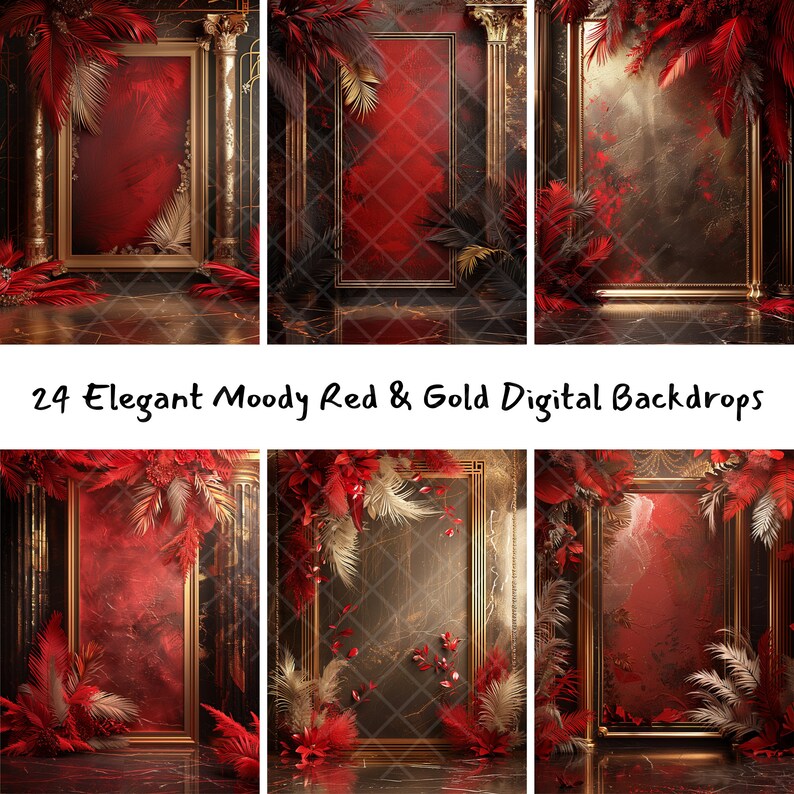 Red & Gold Floral Photography Backdrops: Elegant Portrait Overlays ...