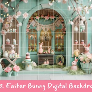 12 Easter Eggs Bunny Digital Backdrops, Shop Front Photo Props, Spring Digital Background ...