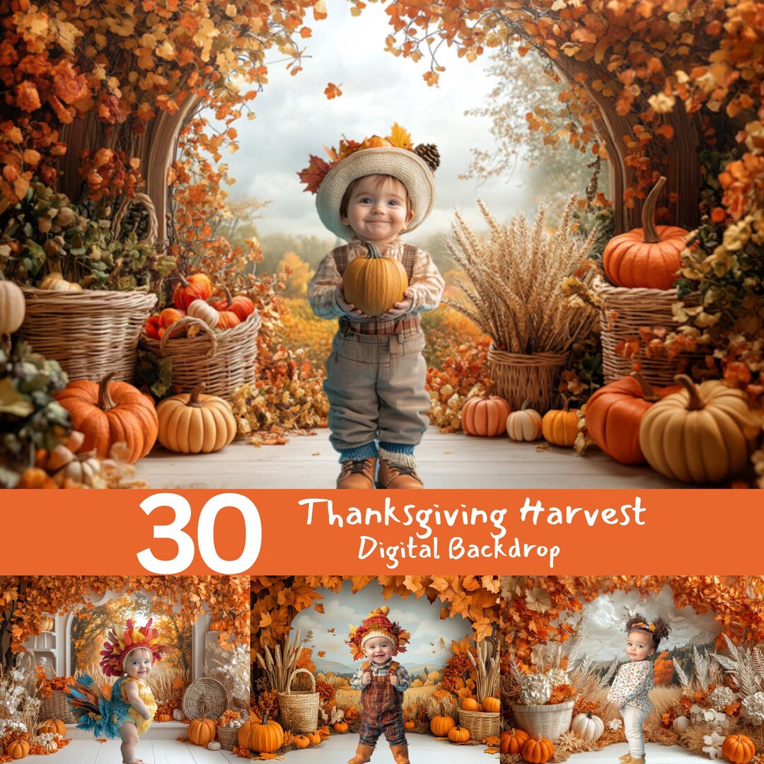 Rustic Thanksgiving Digital Backdrop, Pumpkin & Wheat Scene (digital ...