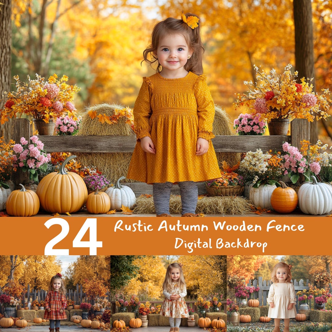 Rustic Autumn Wooden Fence Digital Backdrop | Pumpkin and Hay Bale Fall ...