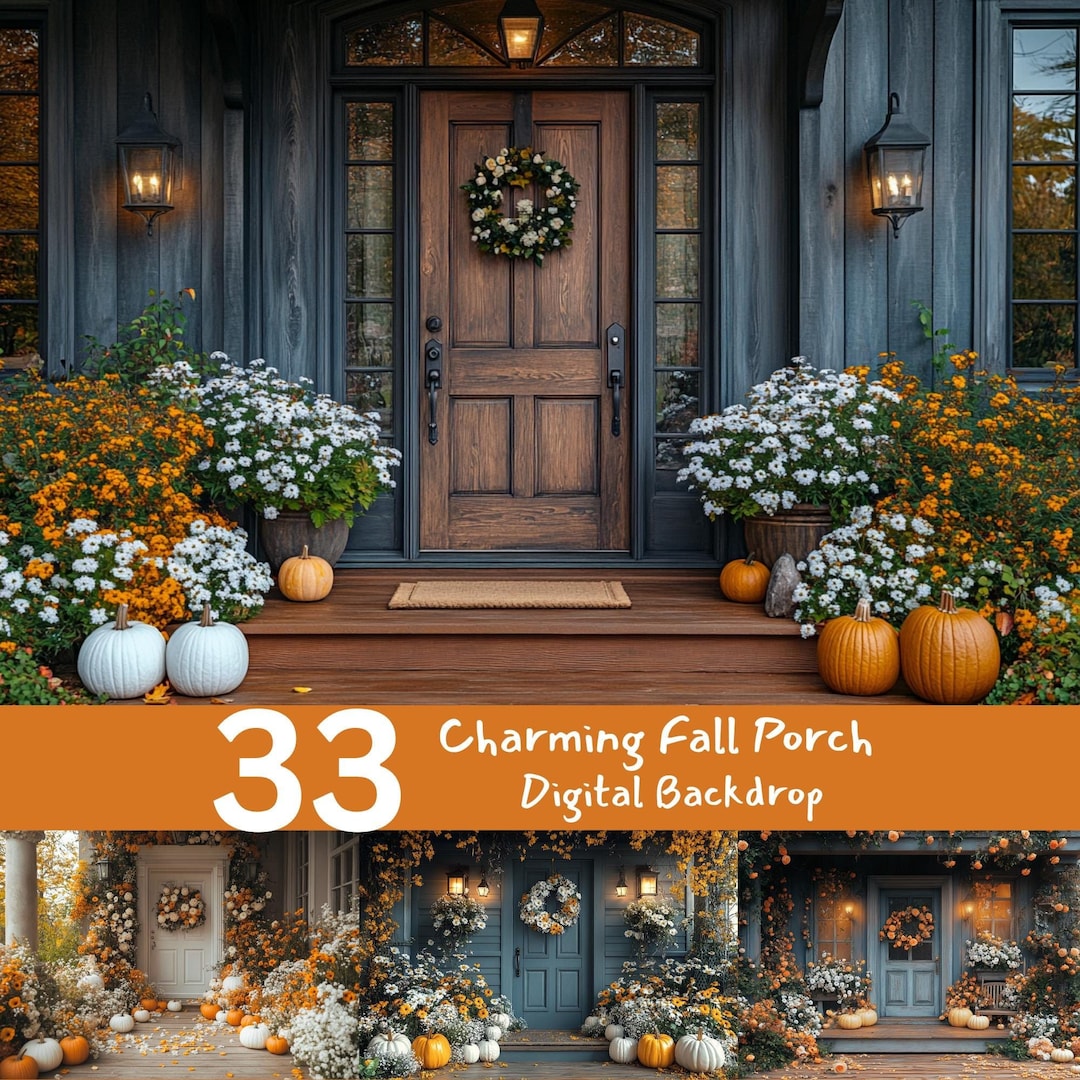 Charming Fall Porch Digital Backdrop | Pumpkin & Flower Autumn Scene ...
