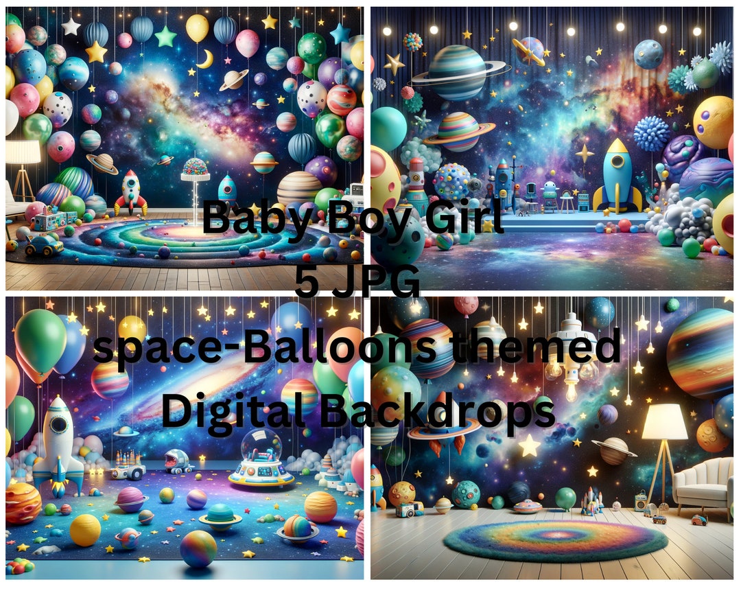 5 Space Themed Balloons Digital Backdrops, Space Balloon Arch Backdrop ...