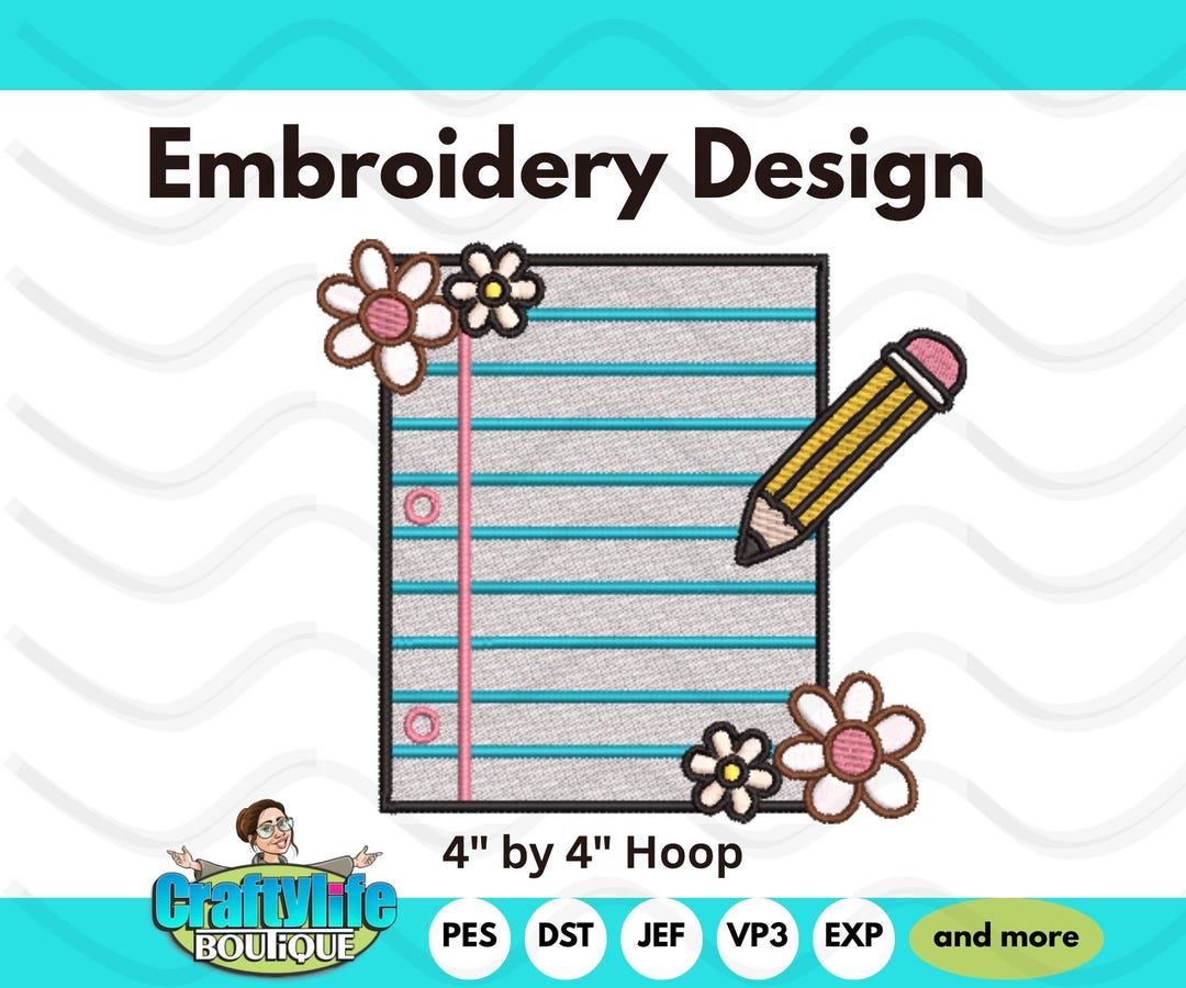 Notebook Paper Embroidery Design: Pencil & Flowers - 4x4 Hoop (digital ...