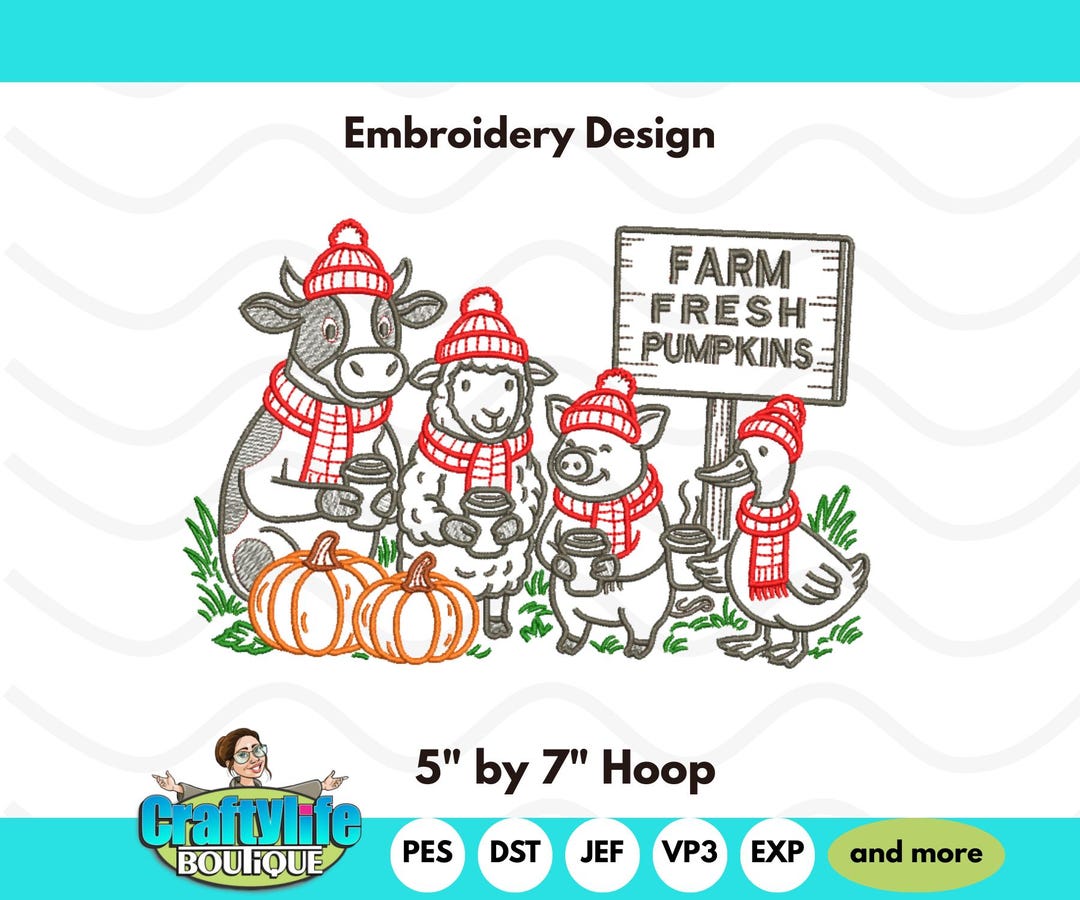 Farm Fresh Pumpkins Embroidery Design – 5x7 Hoop – Cow, Sheep, Pig ...