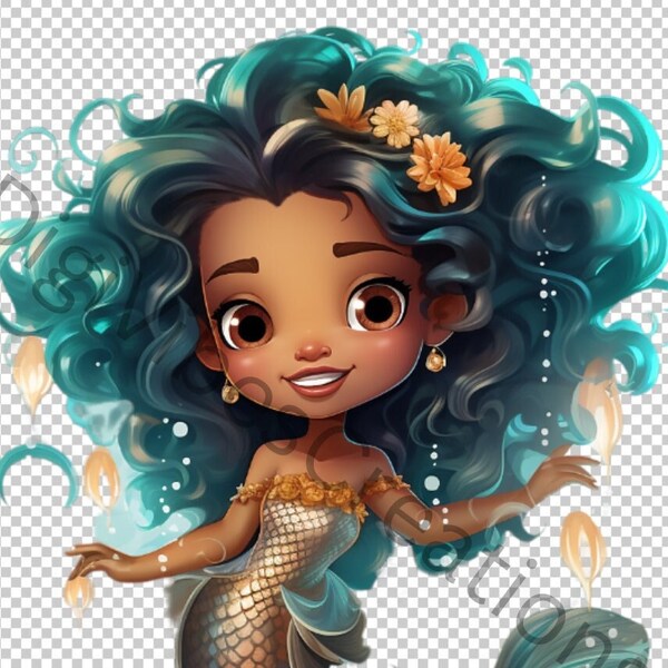 Mermaid Clipart Cute African American Mermaid PNG Fantasy Printable ...