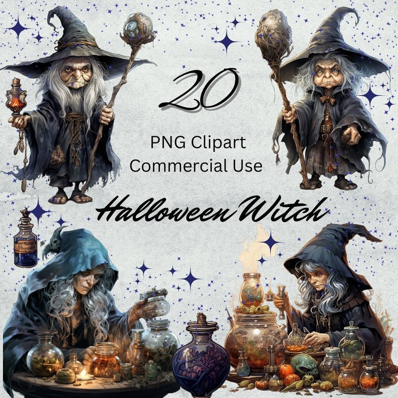 Halloween Clipart Gothic Witch PNG Bundle Fantasy Printable Image ...