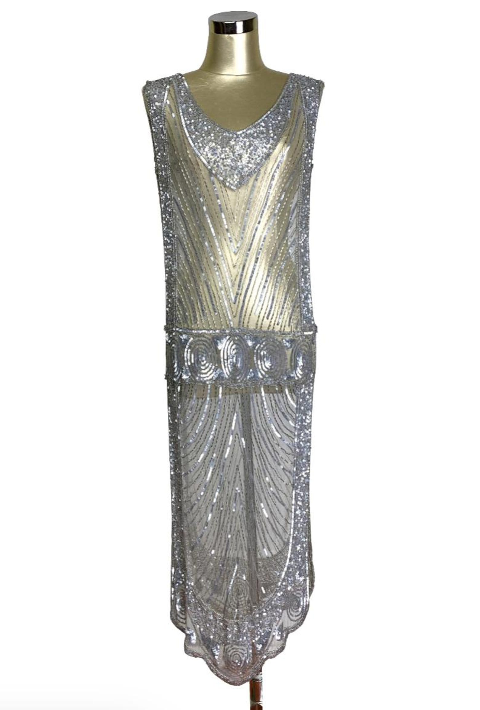 1920's Beaded Vintage Deco Tabard Panel Gown - the Modernist - Silver ...