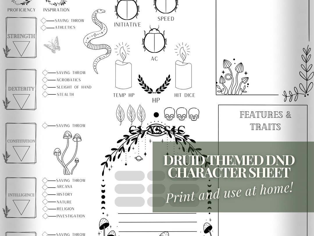 Druid-inspired Dungeons and Dragons Coloring Character Sheet / DND 5E ...