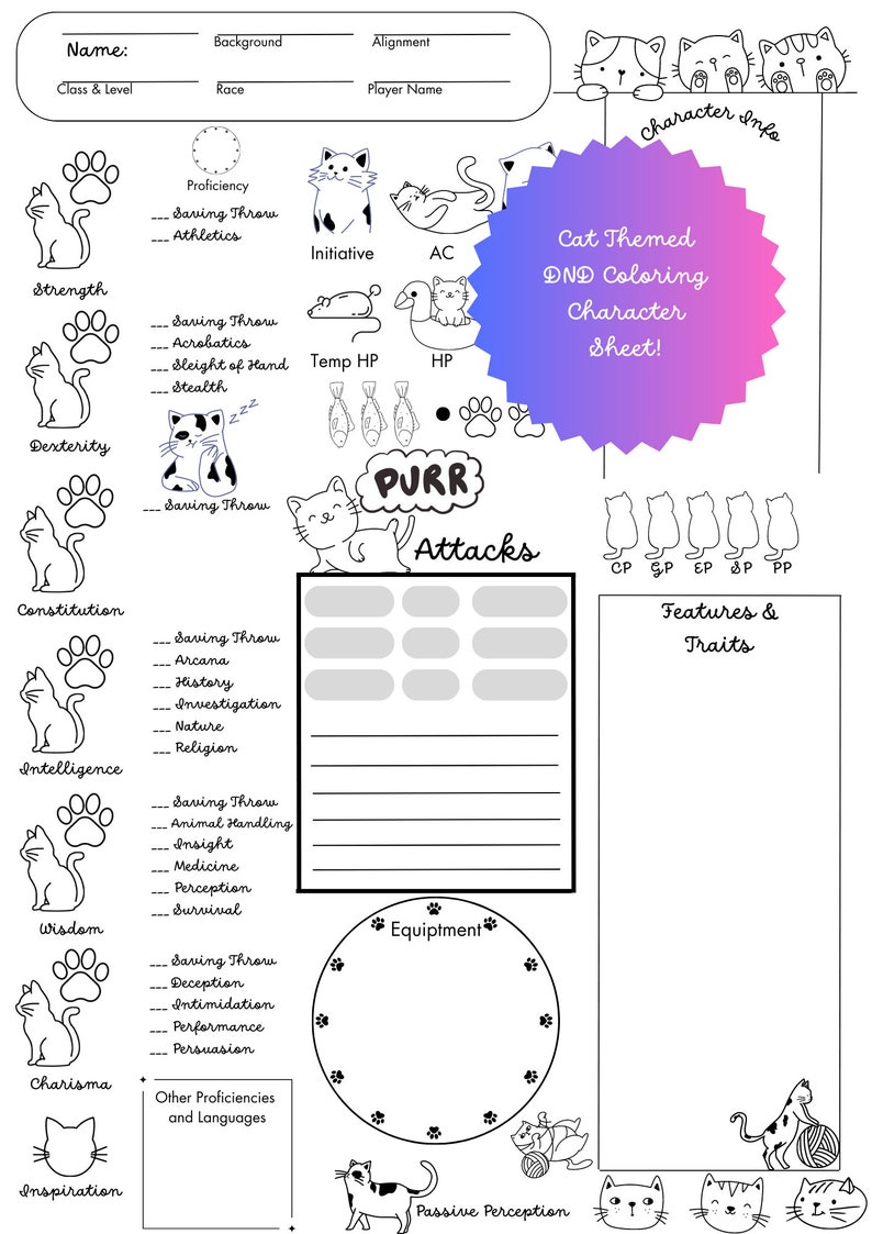 Dungeons and Dragons Cat Themed Character Coloring Sheet - Etsy