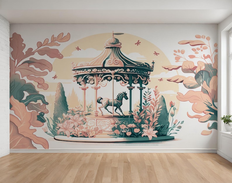 Magical Carousel Wallpaper- Nursery Floral Mural | Children's Wall Art ...