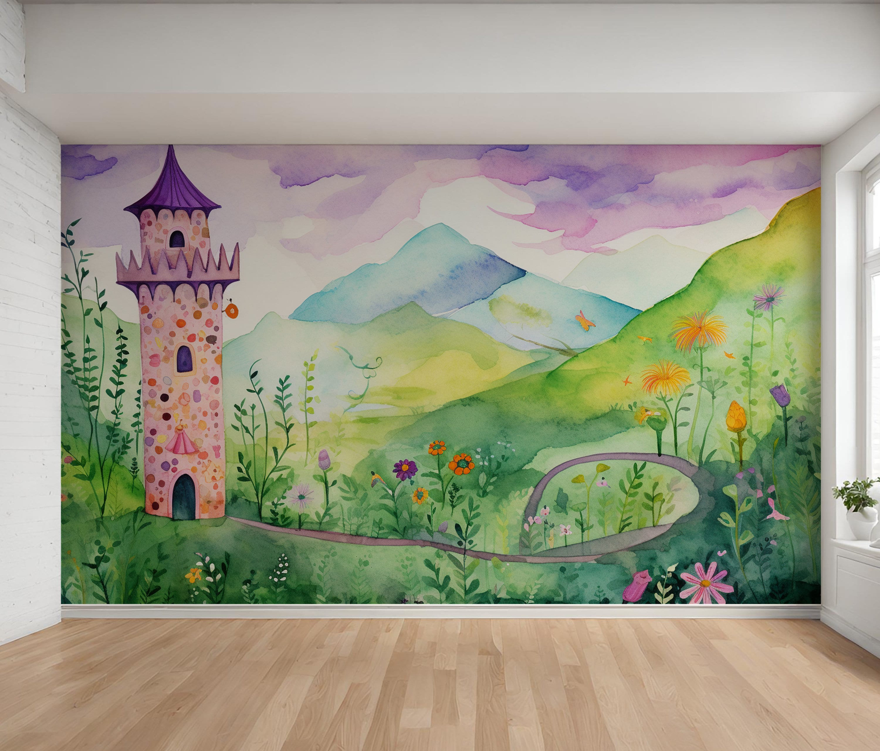 Princess Rapunzel Tower Enchanted Mural Nursery Wallpaper Children's ...