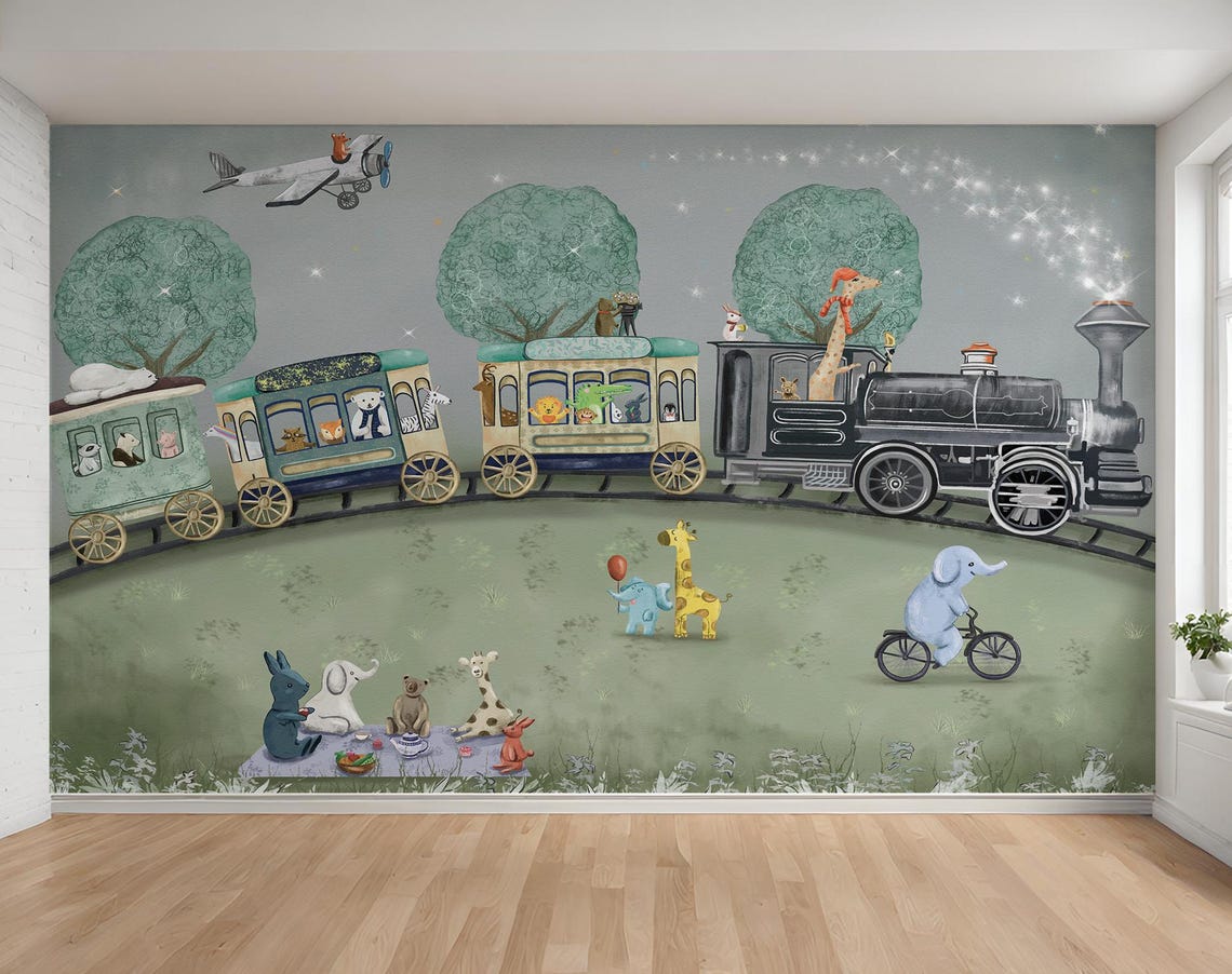 Animal Friends Train Mural- Nursery Wallpaper | Children's Wall Art ...